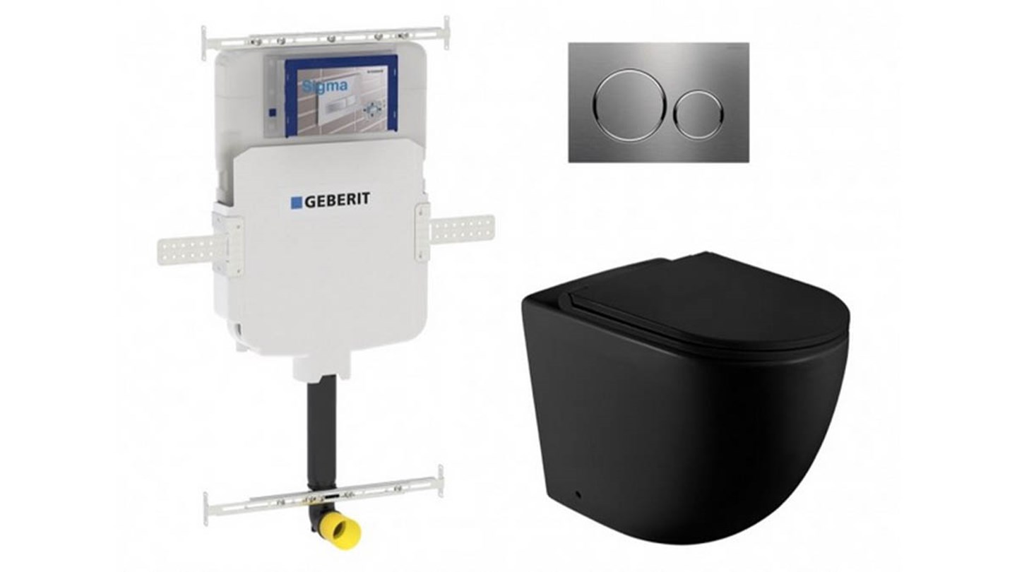Geberit Sigma8 Cistern + Curved Matte Black Wall-Faced Toilet Pan with ...