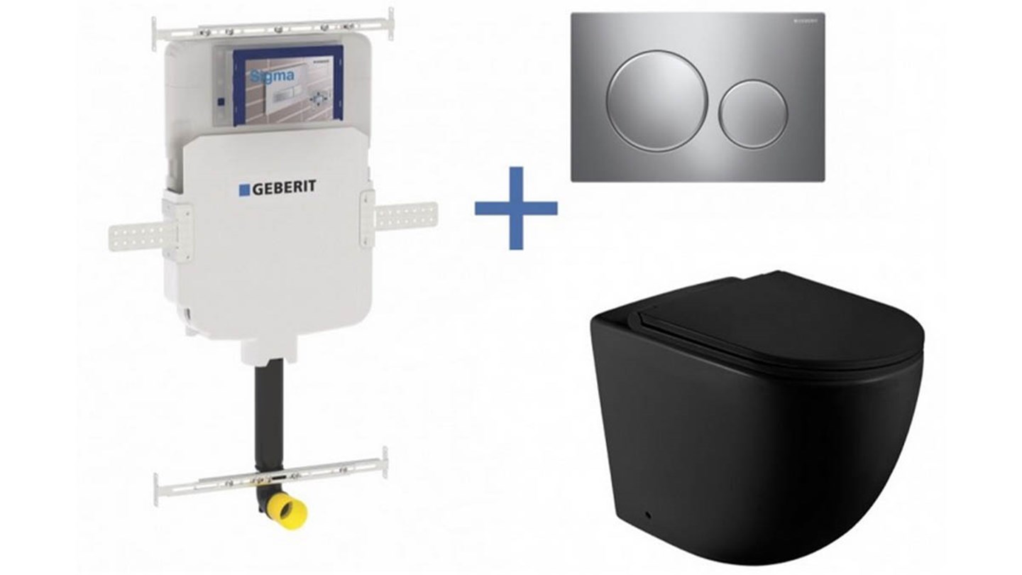 Geberit Sigma8 Cistern + Curved Matte Black Wall-Faced Toilet Pan with ...