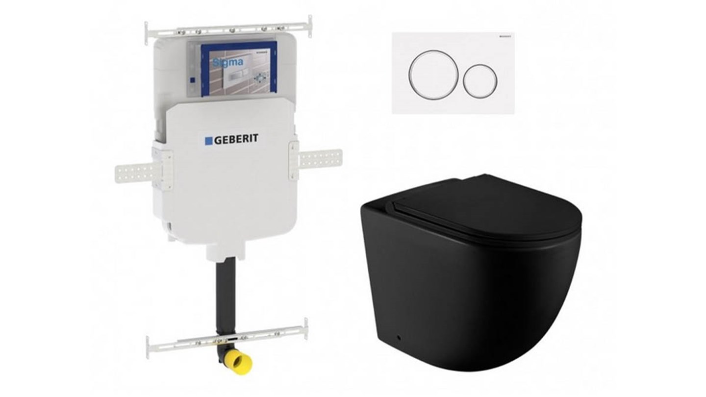 Geberit Sigma8 Cistern + Curved Matte Black Wall-Faced Toilet Pan with ...